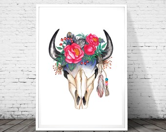 Bull skull print | Etsy