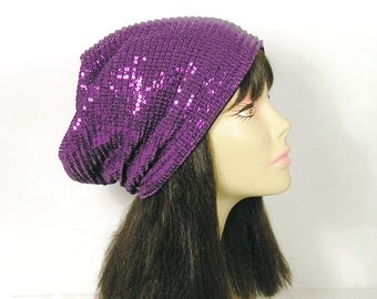 Purple Crochet Slouchy Hat with flower Crochet Beanie Purple