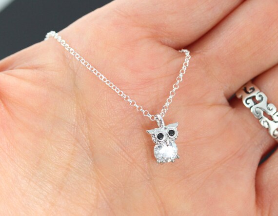 Owl Necklace. Silver Owl Small Owl Necklace Cubic Zirconia