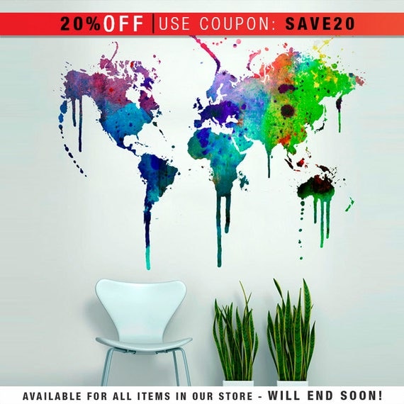 World Map Watercolor Decal Watercolor World Map Wall