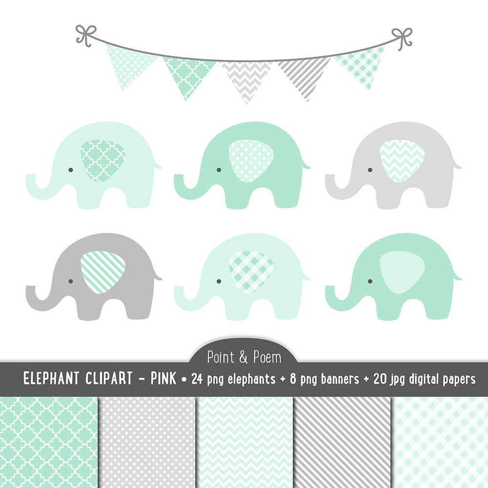 Elephant Clip Art Digital Papers Mint Green Baby clipart