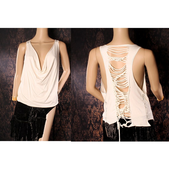 Tank Girl Tank Top cut up braided open back low cut tshirt.