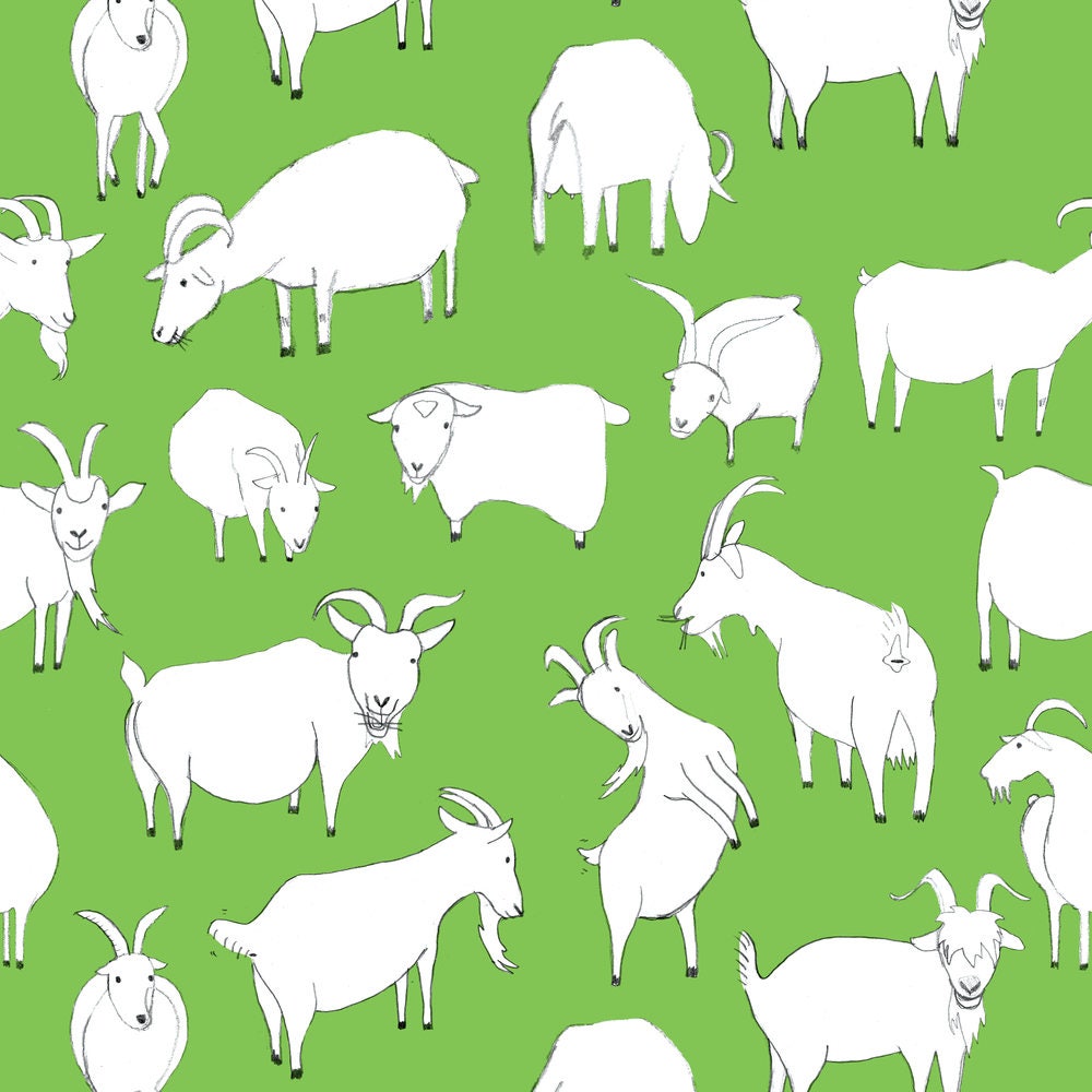 Goat Fabric Green Goats Playing By Crumpetsandcrabsticks