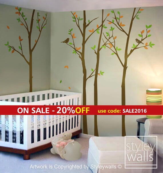 Tree Wall decal Forest Trees Wall Decal with Birds by styleywalls