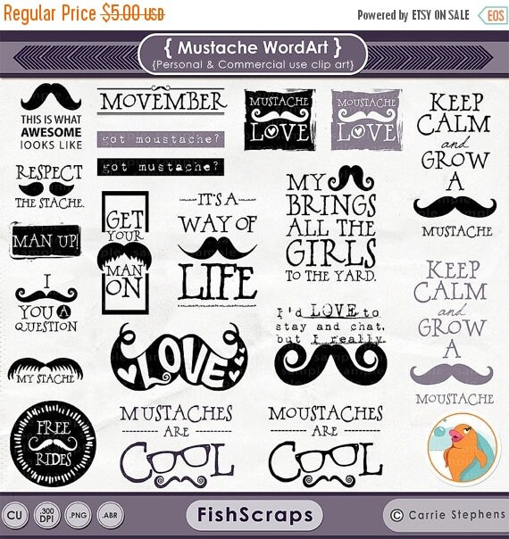 SALE Mustache Word Art Hipster ClipArt Moustache by FishScraps
