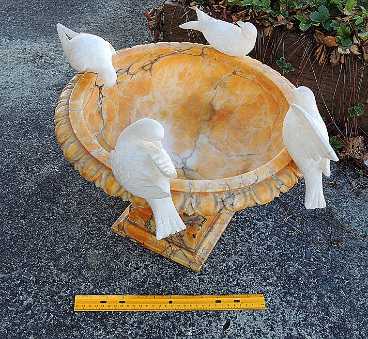 Vintage Large Italian Marble Bird Bath With 4 White Carved Alabaster ...