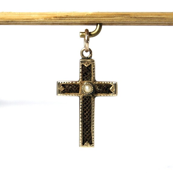 Antique Victorian 14K Mourning Cross With Brown Woven Hair And