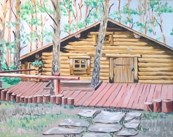 Log cabin painting | Etsy