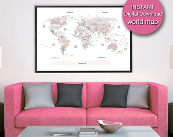 Pink world map | Etsy