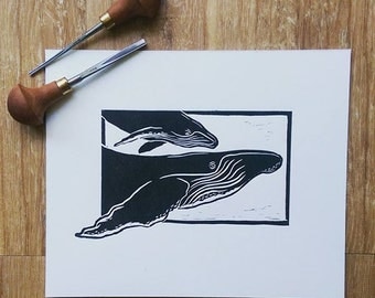 Whale linocut | Etsy