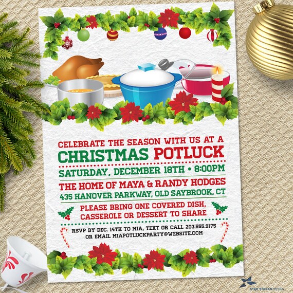 Retro Christmas Holiday Potluck Dinner Party Invitation Printable 