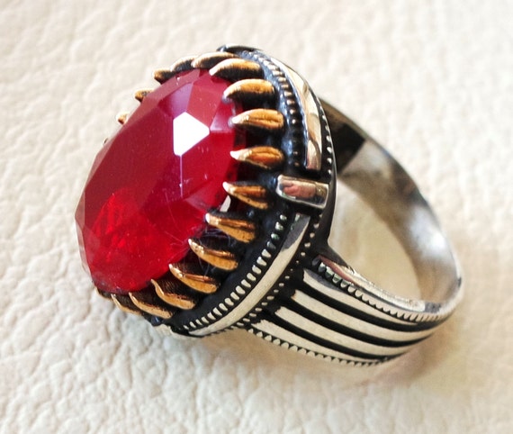 deep red ruby synthetic imitation stone unisex ring sterling