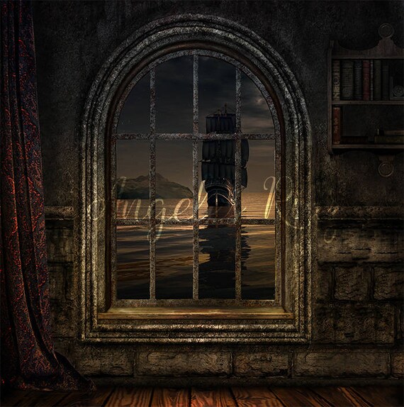 Window digital background pirate ship in sea / Digital