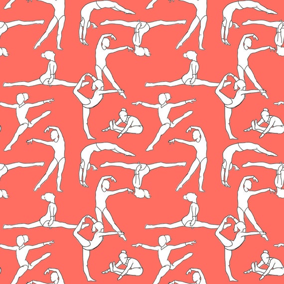 Girls Gymnastics Fabric Gymnasts On Coral By Landpenguin