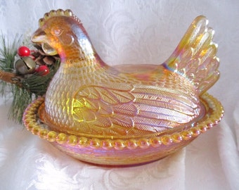 Carnival glass hen | Etsy