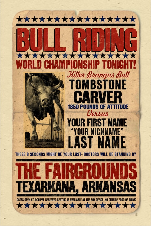 YOUR NAME on a rodeo bull riding poster Personalized great