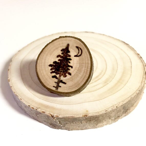 Wood burned tiny pine tree pin or brooch.