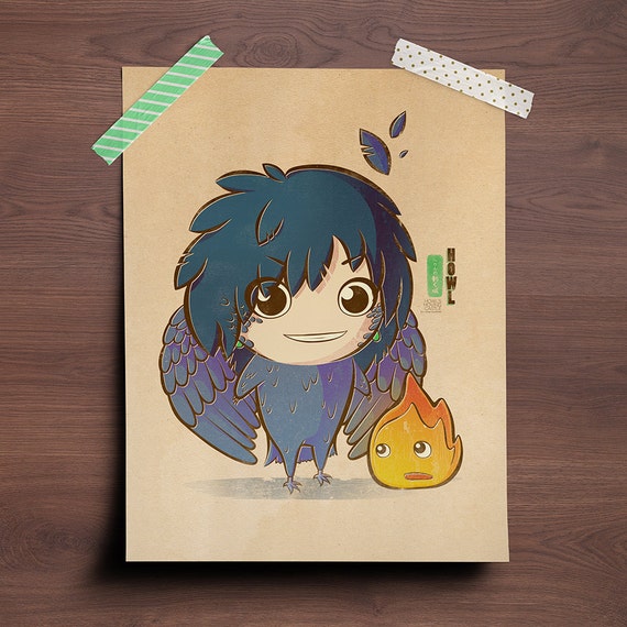 Chibi Ghibli Print Howl & Calcifer Howl's Moving by idrawrainbows