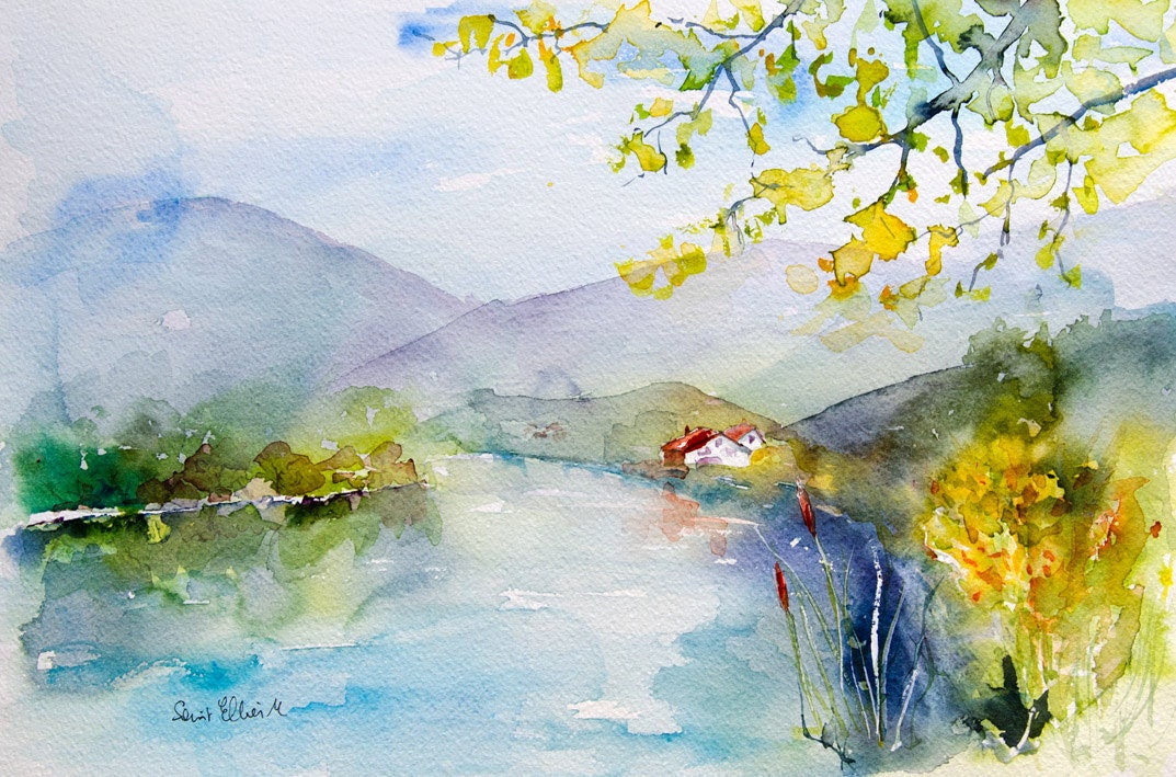 Original watercolour painting of a river with trees river