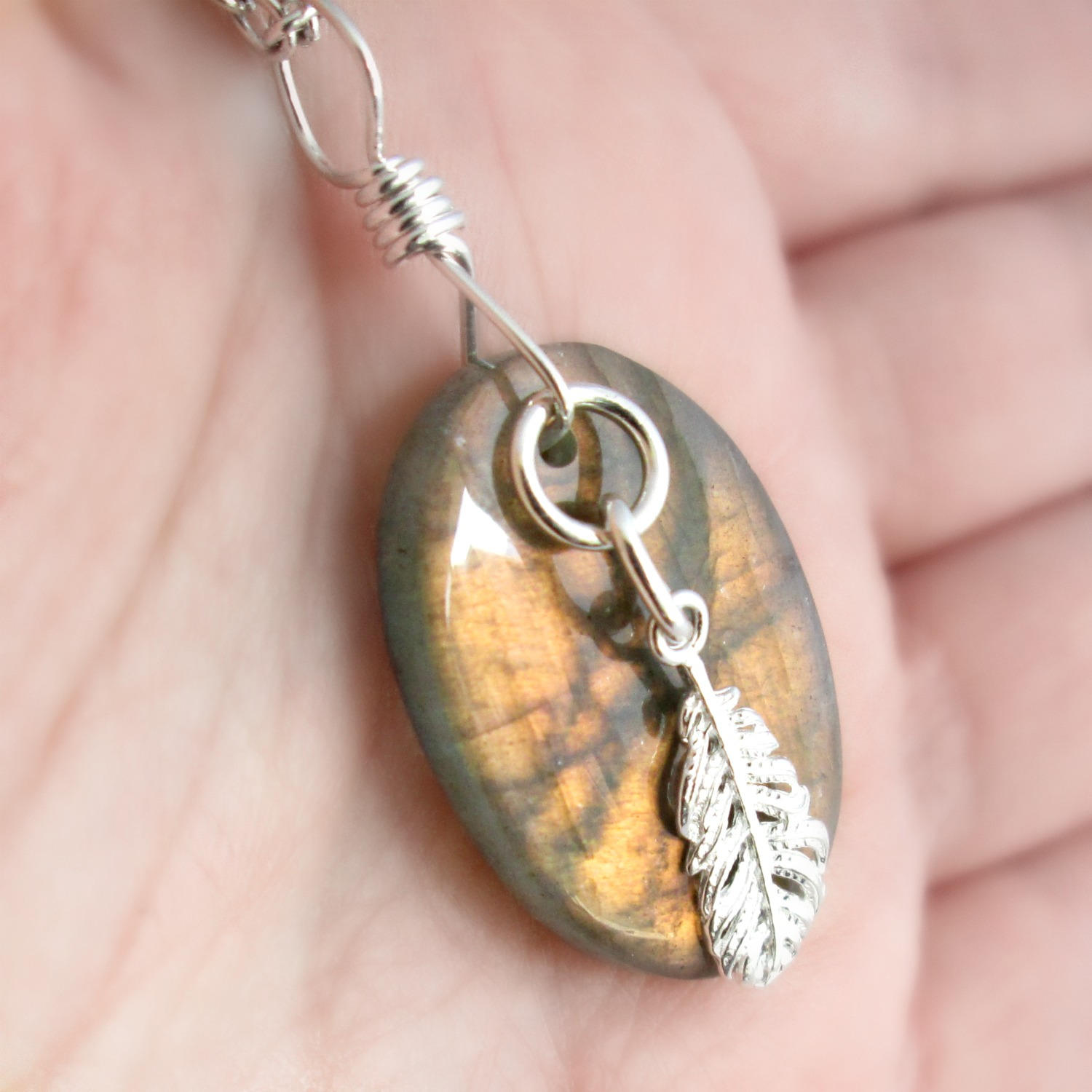 Natural Labradorite Necklace Orange Stone Jewelry Oval Rock