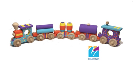 TOY TRAIN Five Cars. Orange Blue and Purple Painted Wooden