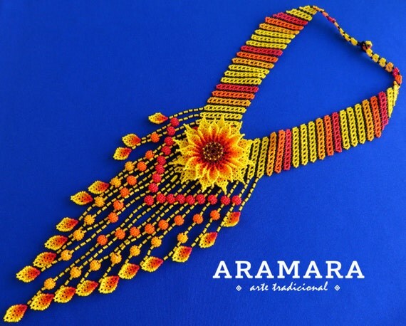 Mexican Huichol Beaded Yellow Flower Necklace Cfg 0075 Mexican
