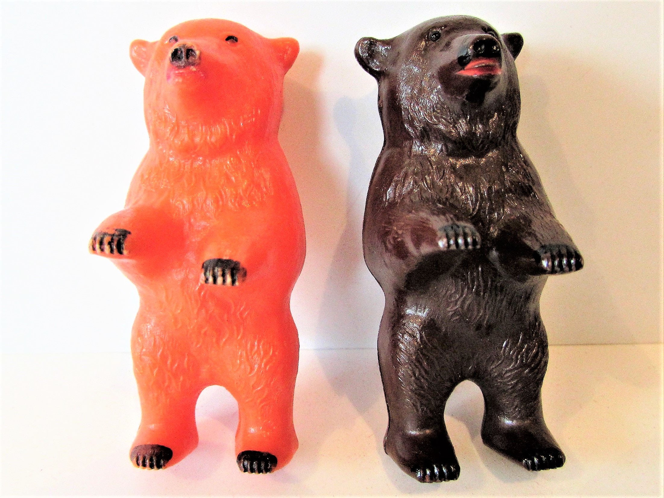 Two Tiny Standing German Plastic Vintage Bears With Black Eyes