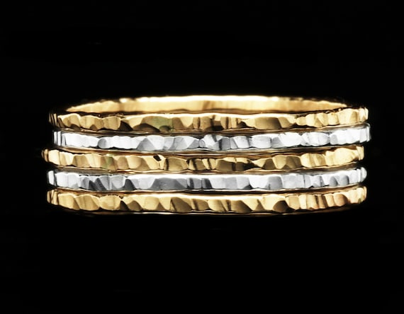 Gold and Silver Stack Ring Set Hammered Gold Silver Stacked