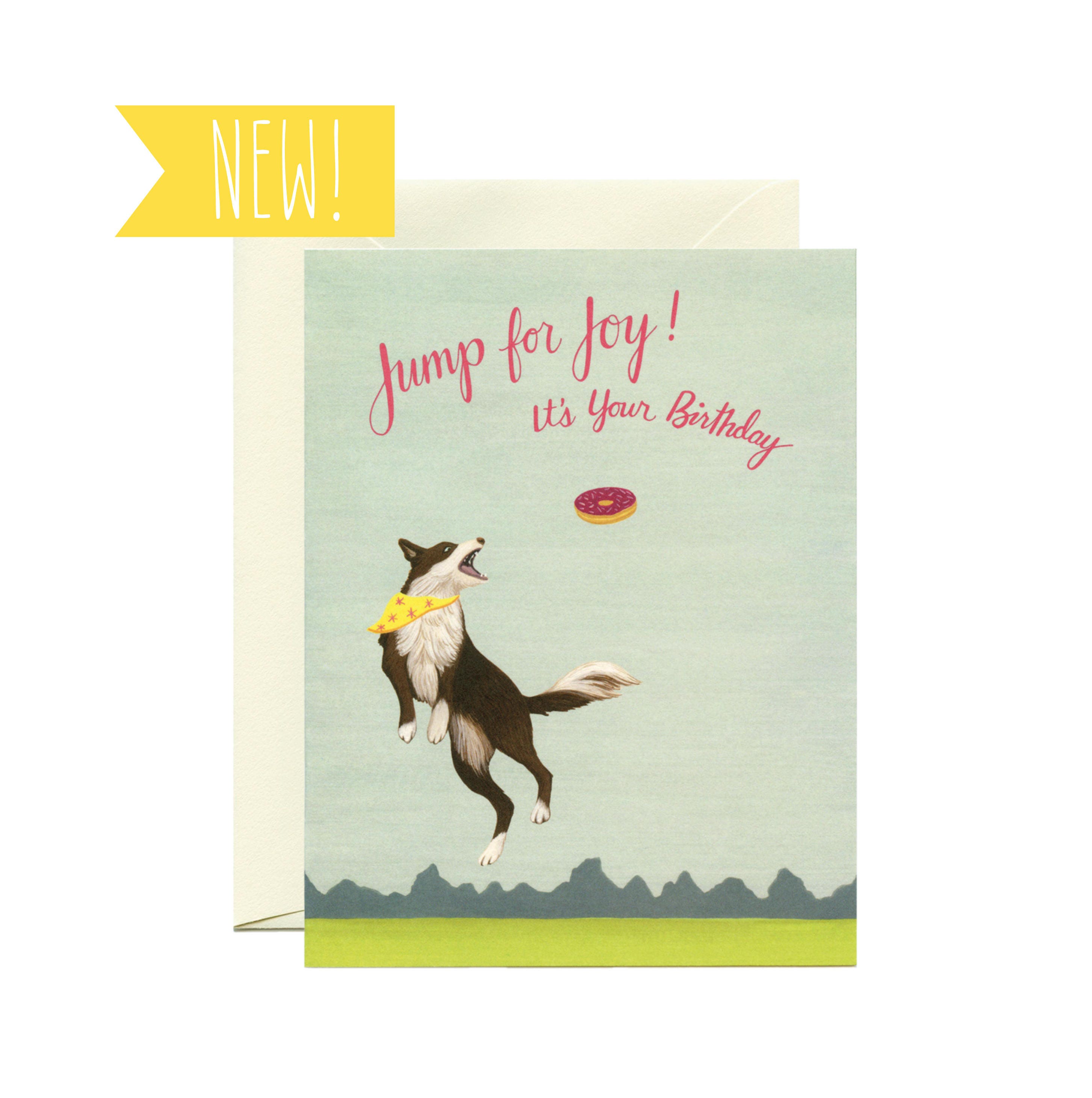 Dog & Donut Frisbee Birthday Card Jump For Joy