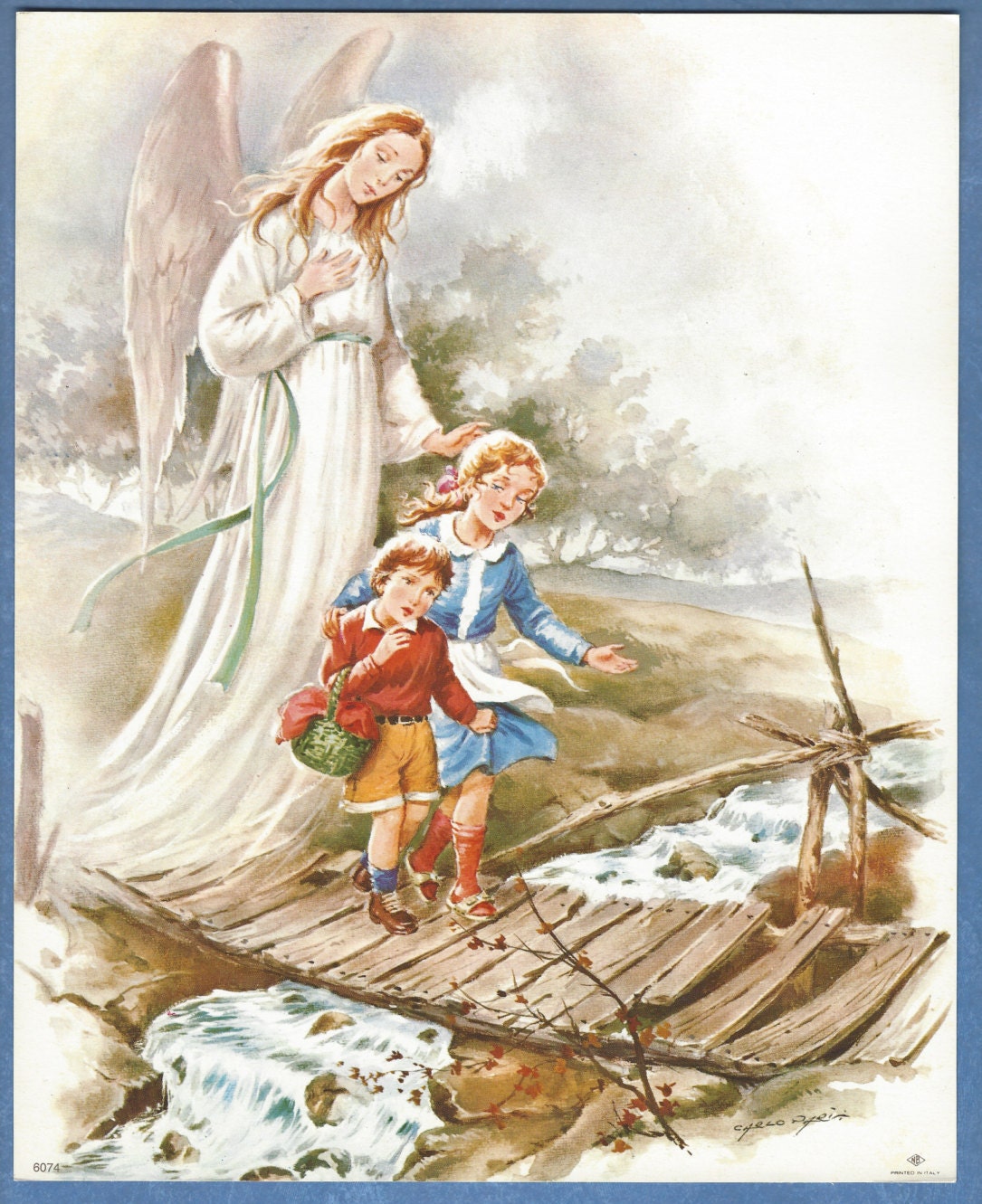 Guardian Angel with Boy and Girl on bridge Religious picture
