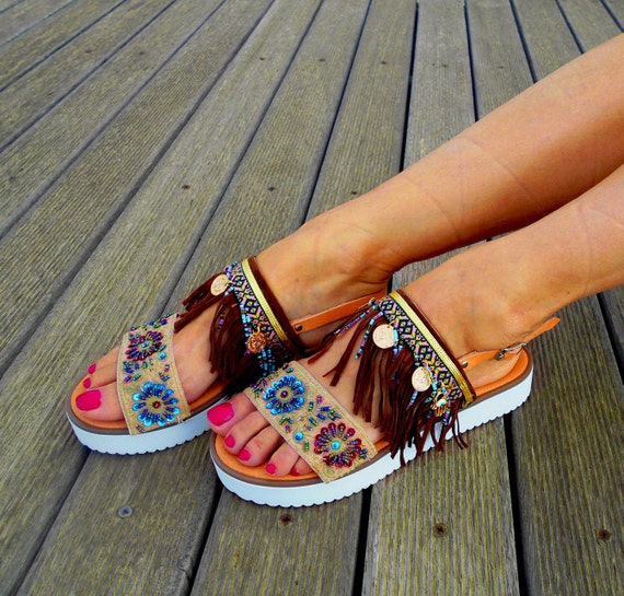 Boho Sandals Hippie Sandals Ethnic Fringed Sandals Handmade