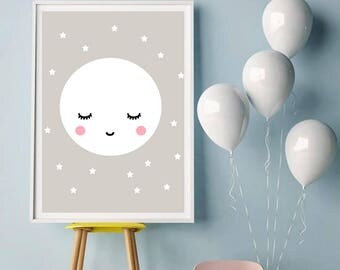 Moon print Nursery moon Baby room wall art Cute poster