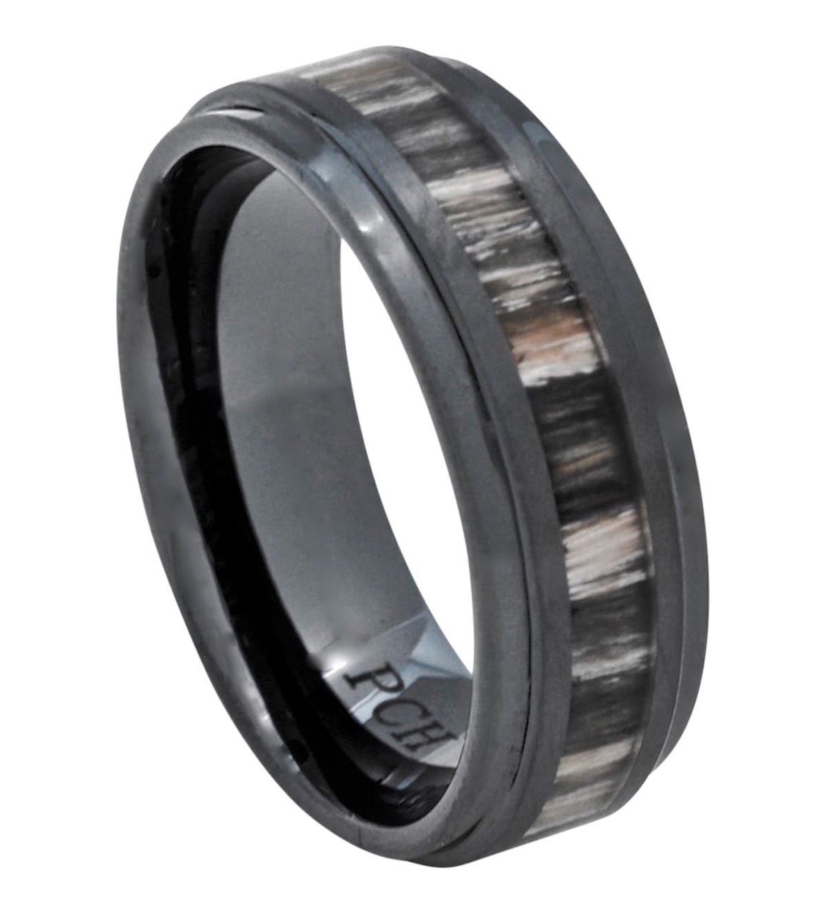 Black Ceramic Wedding Band with Real Zebra Wood Inlay