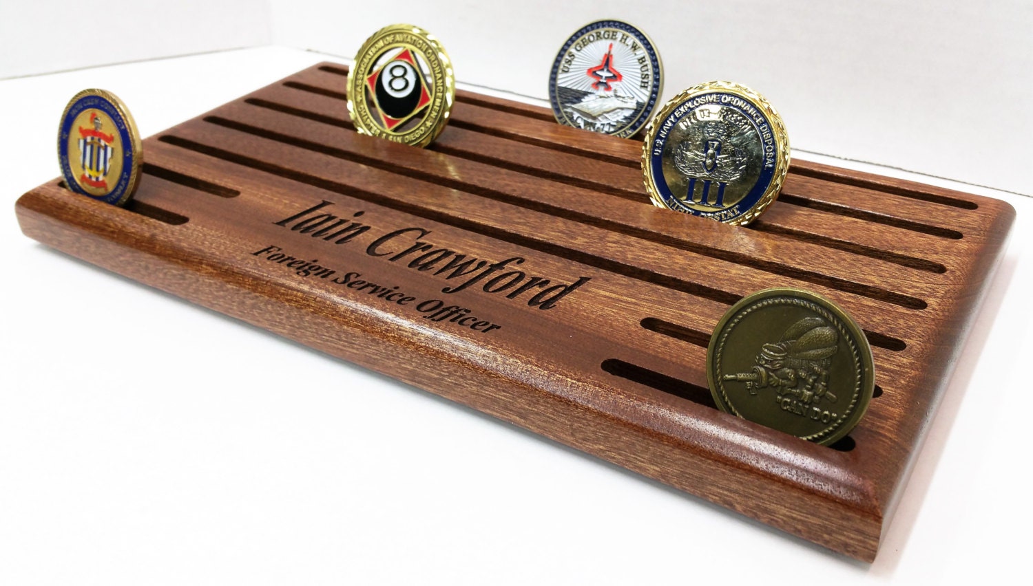 Military Challenge Coin Display Solid Hardwood Engraved
