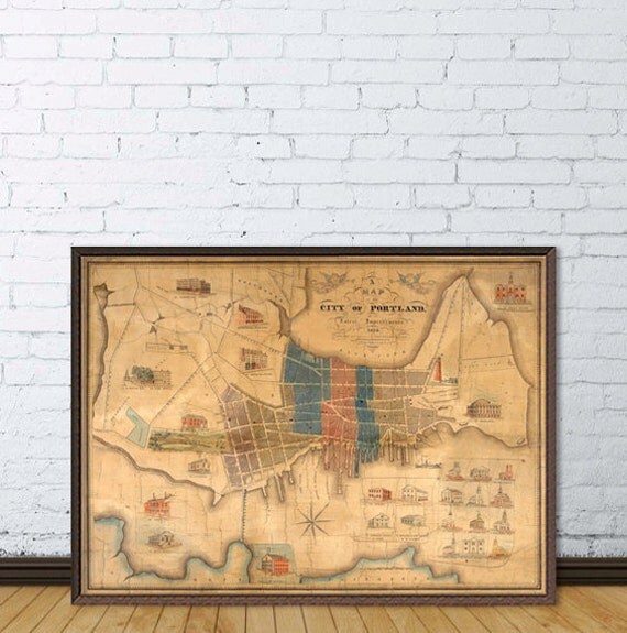 Antique map of Portland Restored historical map fine print
