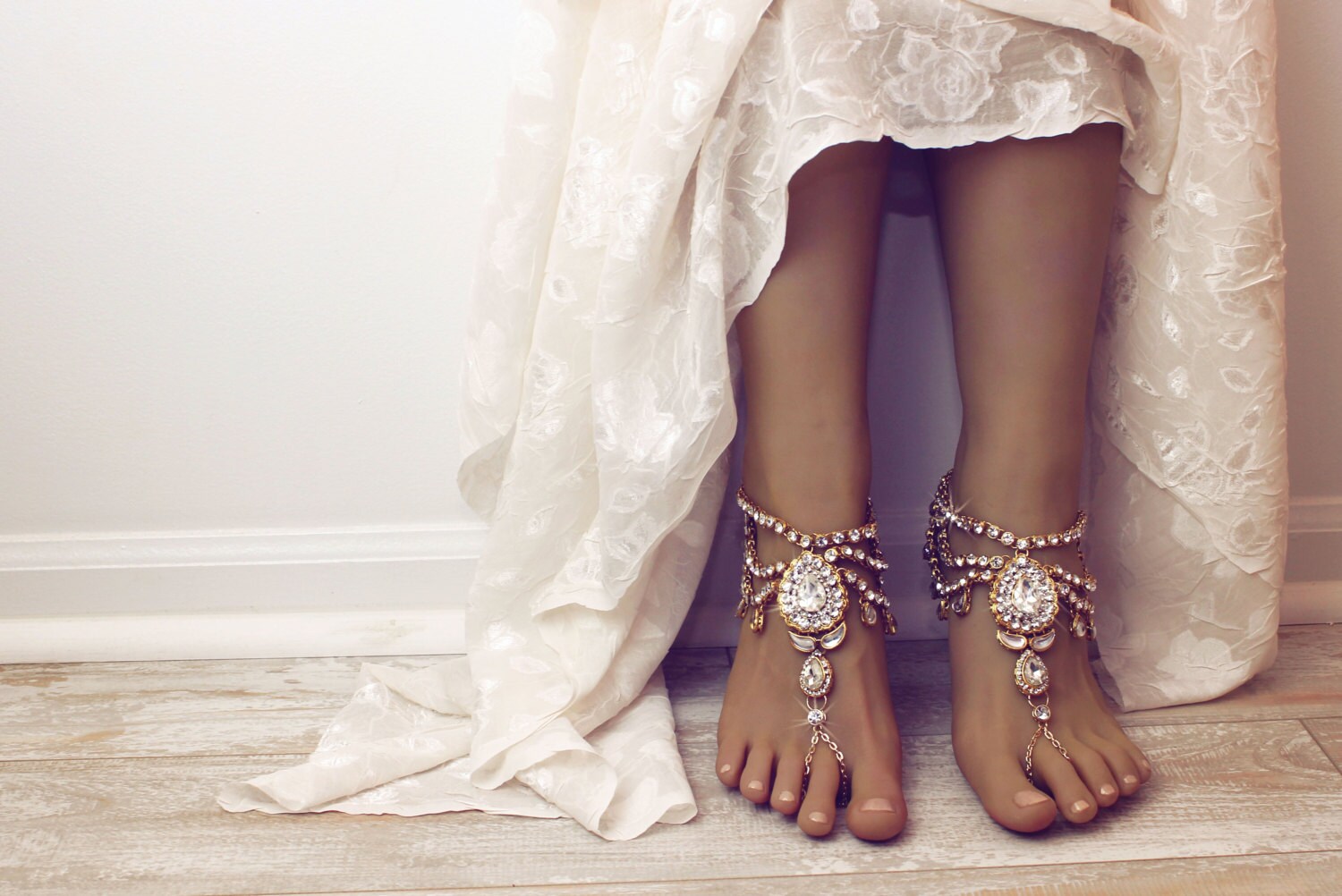 Bali Barefoot Sandals in Gold Rhinestone Anklet Foot Jewelry