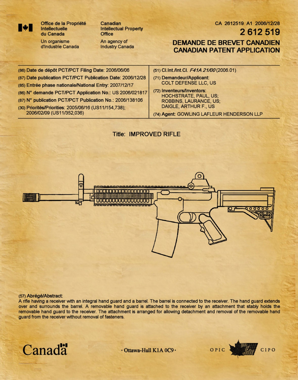 2006 Colt C7 Rifle Patent Print - Canadian Patent - Semi-Automatic ...