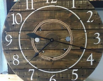 Recycled Wooden Wire Spool Wall Clock 32 in Nautical