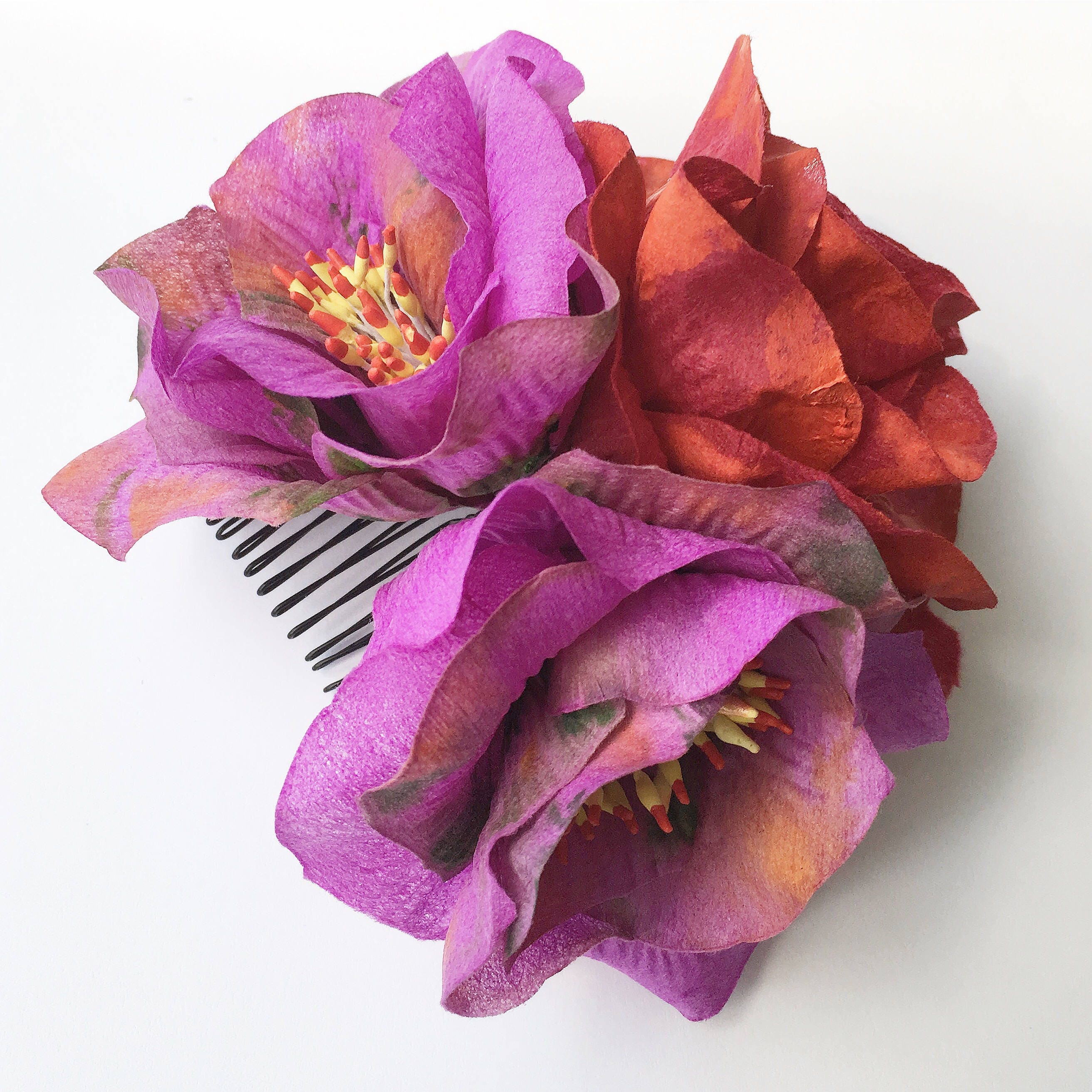 Purple flowers comb hairpiece Red floral hair decoration