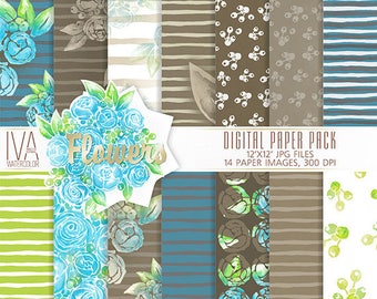 Hand Drawn Watercolor Digital Paper Packs by IvaWatercolor on Etsy