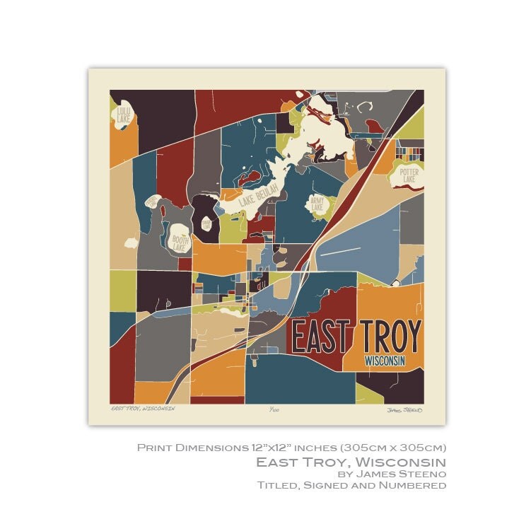 East Troy Wisconsin Art Map Print Walworth County by James