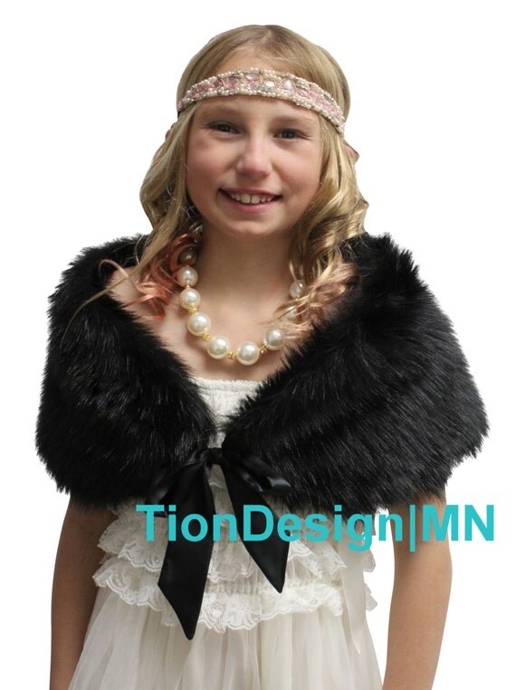 Girls Black Faux Fur Shawl for flower girl faux fur by TionDesign