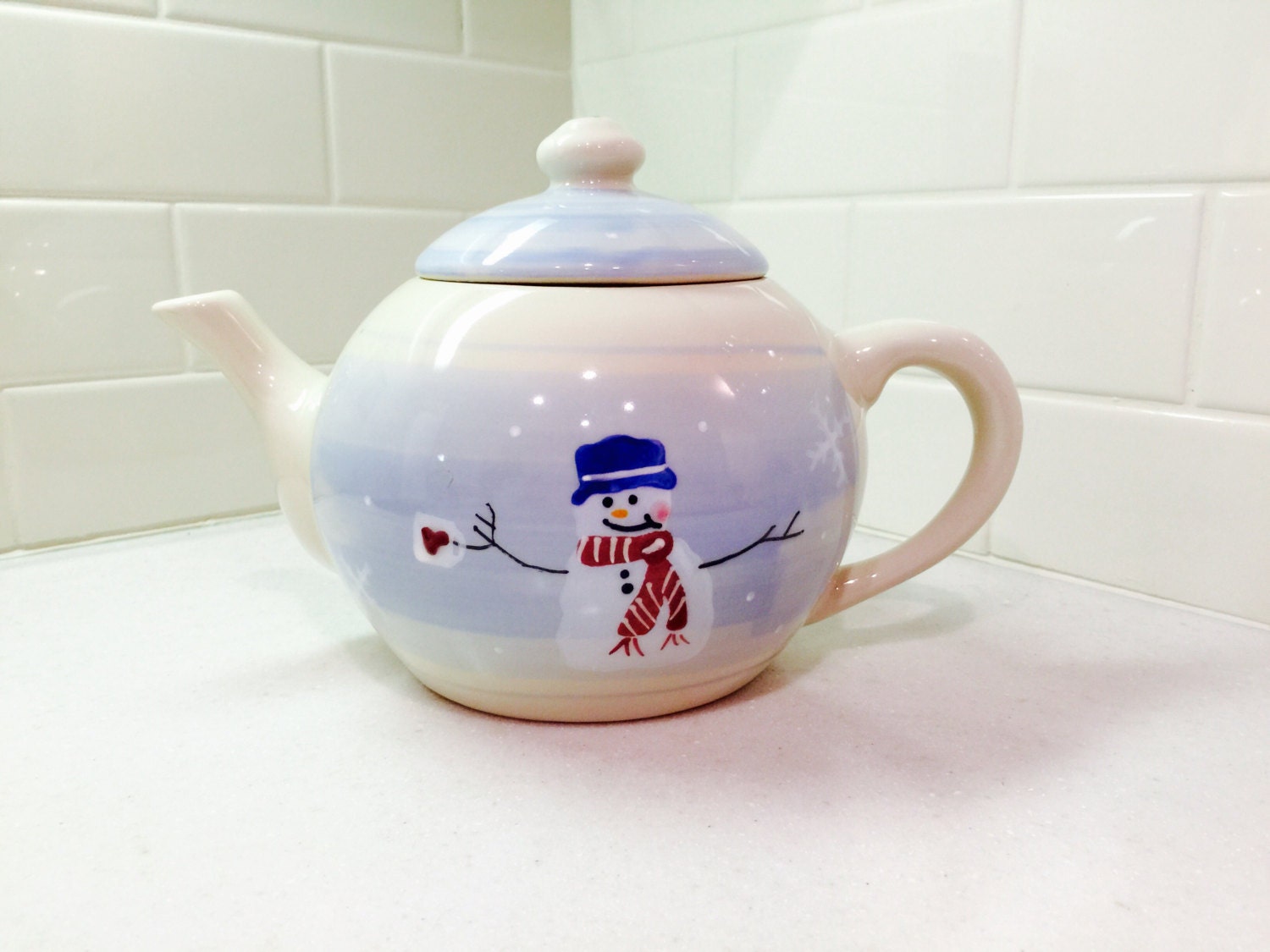 Vintage Snowman Tea Pot Hot Chocolate Pot White Winter Tea