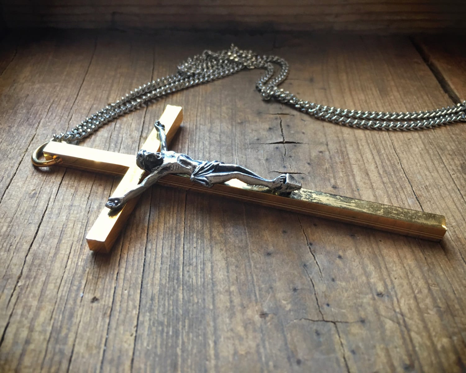 Vintage large crucifix on chain French brass pectoral cross religious ...