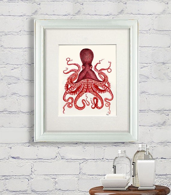 Octopus Print Red Octopus 3 octopus illustration kraken