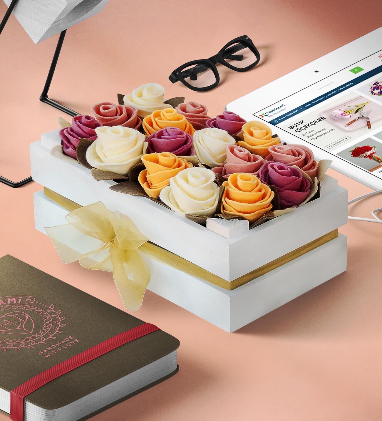 Wooden Floral Box Felt Roses Home Decor Office Decor Felt