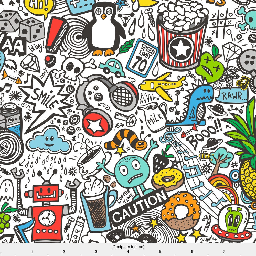 Sketchy Doodle Fabric Comic Pop Art Doodle Color By Caja