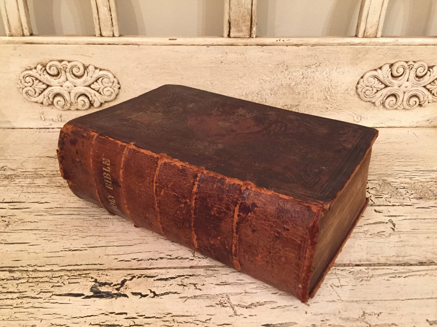 Large Antique Leather Bible 1859 Distressed Brown Leather