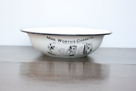 Enamel Farmhouse Bowl Vintage Large Black and White Enamel