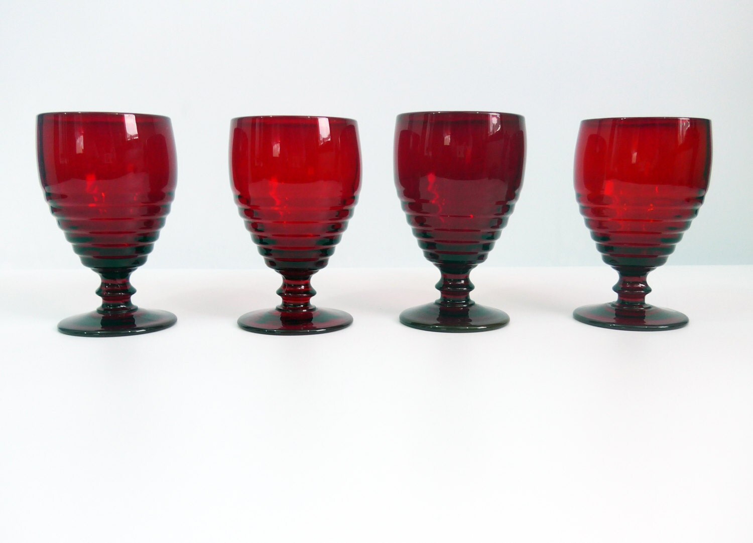 Vintage Set 4 Red Depression Glass Low Water Goblets - Penny Line-Ruby ...